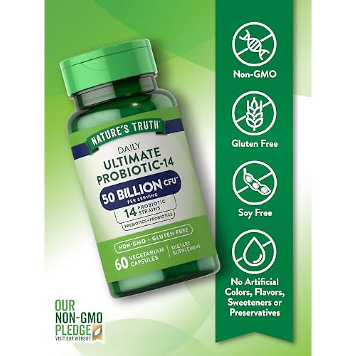 Nature's Truth Probiotic 50 Billion CFU | 200mg Prebiotics | 60 Capsules | Vegetarian, Non GMO & Gluten Free Supplement for Men and Women | Supports Digestive Health