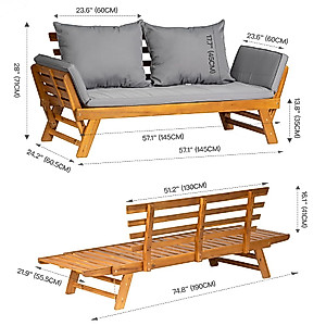 Panana Acacia Wood Convertible Couch Sofa Bed Adjustable Armrest Folding Daybed Collapsible Chaise Lounge w/Cushions Outdoor Loveseat for Garden Patio Poolside Grey