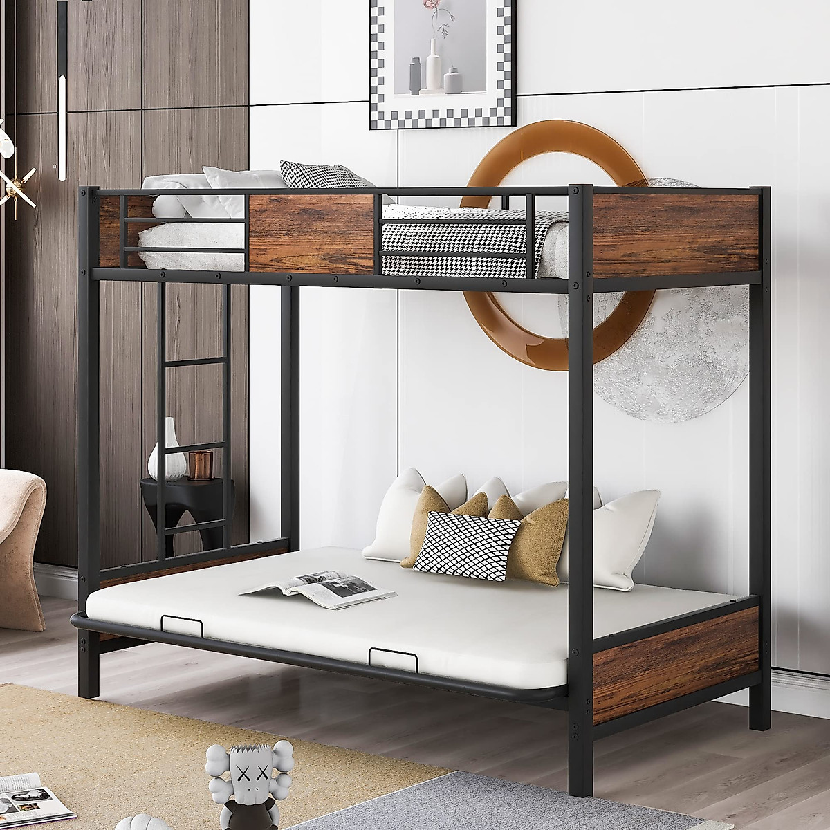 Harper & Bright Designs Twin Over Futon Bunk Bed, Metal Bunk Bed Convertible Couch and Bed, Twin Over Full/Futon Bunk Bed Frame for Kids Teens Adults Dorm, No Box Spring Needed (Black)