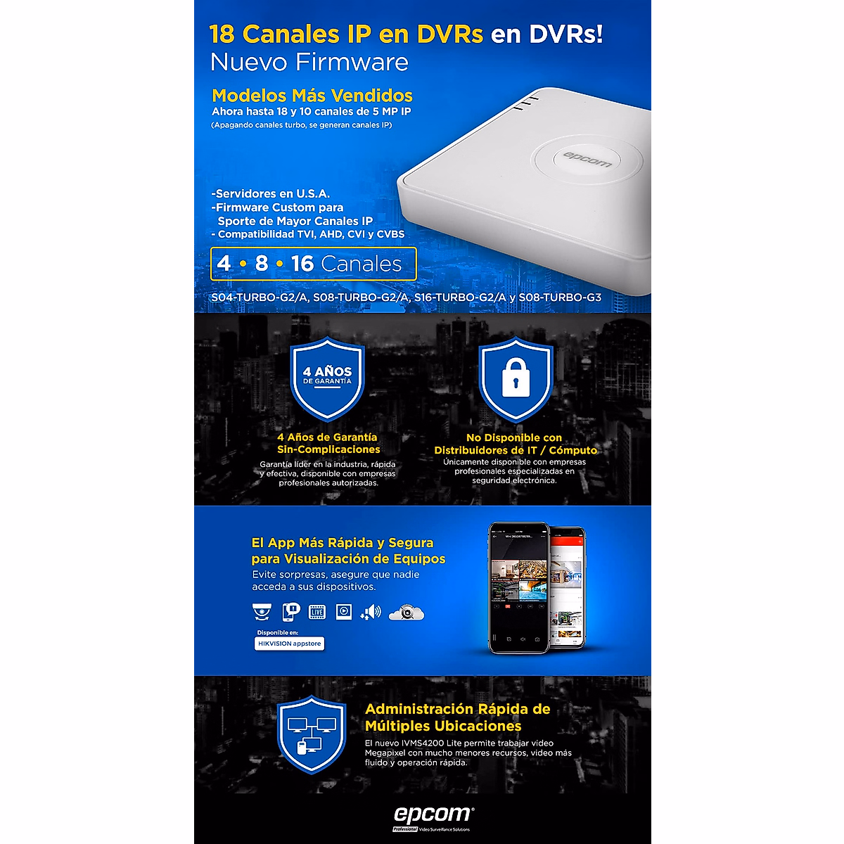 EPCOM DVR 8 Channel 1080p Lite / 8 Channel TURBOHD + 2 IP Channels / 1 Hard Drive Bay / H.264+ / Full HD Audio Video Output by COAXITRON