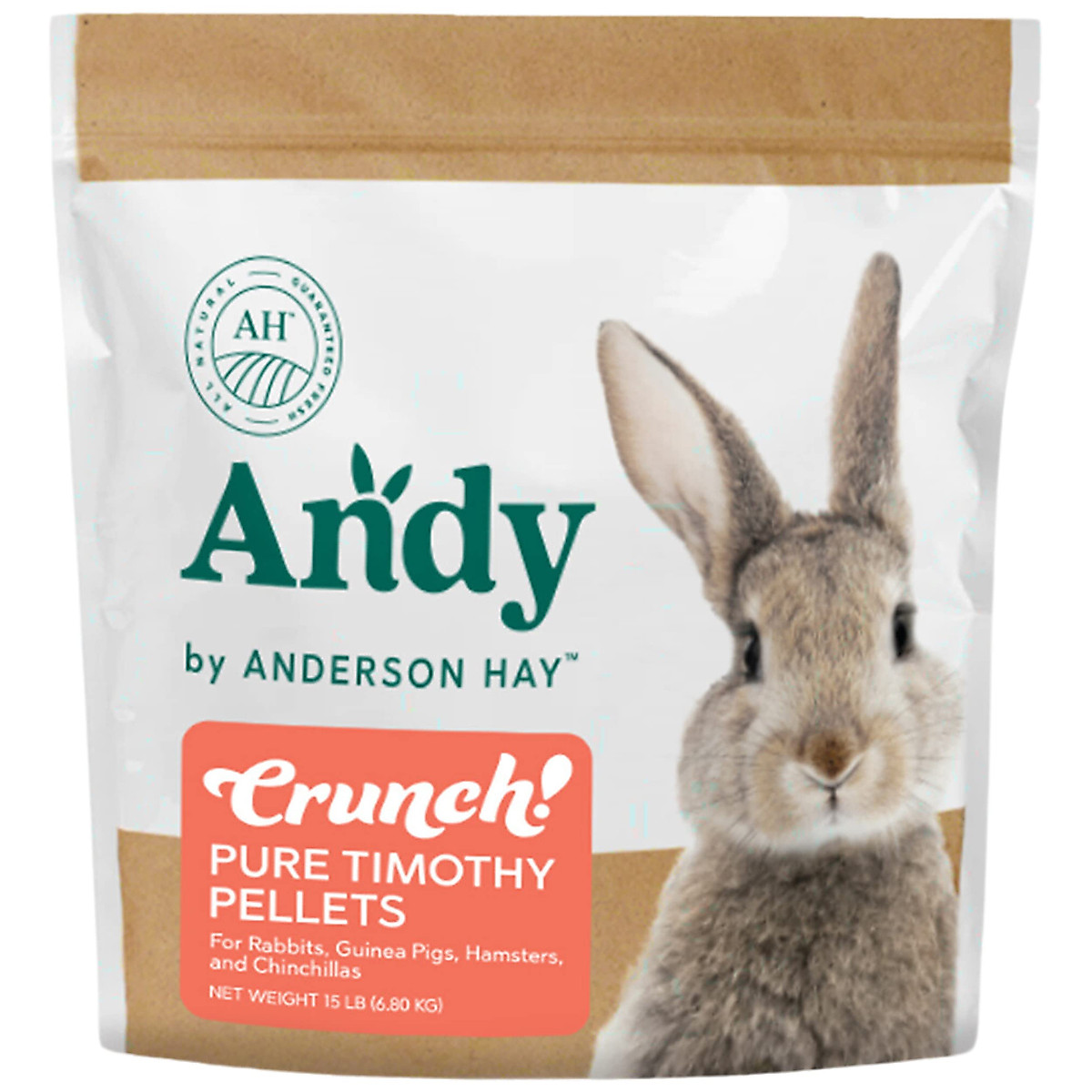Andy Timothy Hay Pellets, Crunch! Pure Organic Rabbit Food, 15 lb Bag, Premium Guinea Pig and Chinchilla Hay, Balanced Nutrition for Rabbits, Chinchillas, and Guinea Pigs