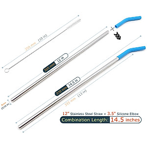 Big Drinking Straws Reusable 14.5" Extra Long 8mm Extra Wide Food-Grade 18/8 Stainless Steel Silicone Elbows Tips for Smoothie Milkshake Cocktail Juice Hot Drinks - Set of 4 + 2 Cleaning Brushes