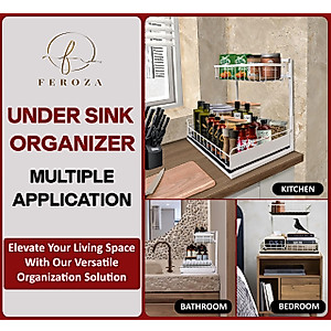 FEROZA Under Sink Organizers and Storage Carbon Steel 2-Tier Slide Out Sliding Shelf, L-Shape Under Cabinet Storage Multi-Functional Under The Sink Organizer Kitchen and Bathroom (1, White)
