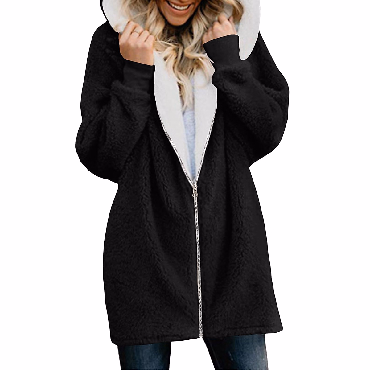 Yanekop Womens Oversized Sherpa Jacket Fuzzy Fleece Jackets Zip Up Outerwear Sweater Coat with Hood(A Black,S)
