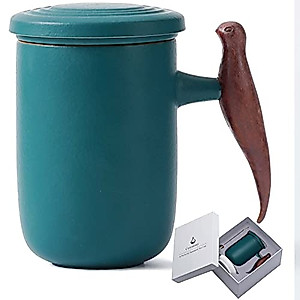 CEREMONY Ceramic Tea Mug,Tea Infuser Mug with Wood Handle,Tea Cup with Infuser and Lid for Loose Leaf Tea 13.5oz Green