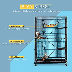 VIVOHOME 4-Tier 49 Inch Collapsible Metal Cat Kitten Ferret Cage 360° Rotating Casters Enclosure Pet Playpen with Ramp Ladders Hammock and Bed Black