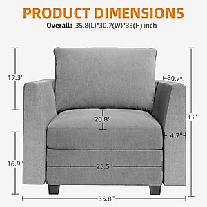 IDEALHOUSE Modular Sectional Accent Chair with Storage Seat, Linen Fabric Modern Sofa Chair with Strong Wood Frame, Upholstered Armchair with Reading Chair for Living Room Small Spaces, Grey