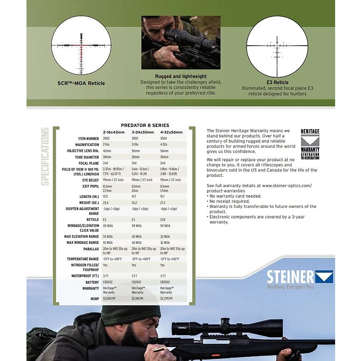 Steiner 3003 Predator 8 3-24x50mm E3 Reticle & Ballistic Turret