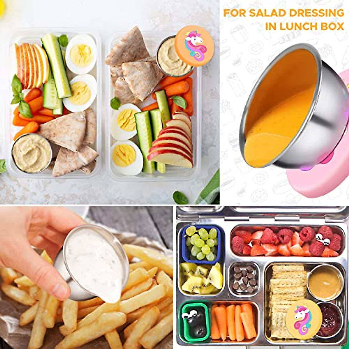 MAIGOZON Salad Dressing Containers To Go, Small Condiment Containers with Lids, Stainless Steel Condiment Cup with Unicorn Leakproof Silicone Lids for Girls Kids Lunch Bento Box, 6PCS