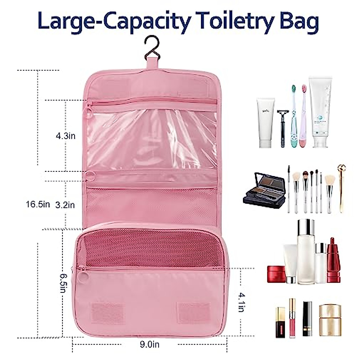 Aosivm Hanging toiletry bag for Women,makeup travel bag,with Jewelry Organizer Compartment,Large Cosmetic Bag Travel Organizer for Bathroom Shower Accessories (pink, Large)