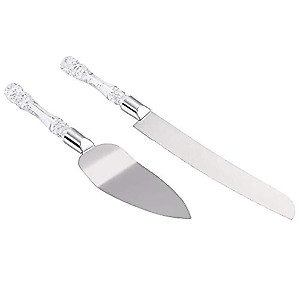 2 Pc Wedding Cake Serving Server Set Stainless Steel Knife Faux Crystal Handle, Silver