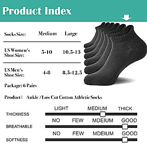 NevEND 6 Pairs Women's and Men's Cotton Cushioned Ankle Socks Running Low Cut Tab Socks M Black