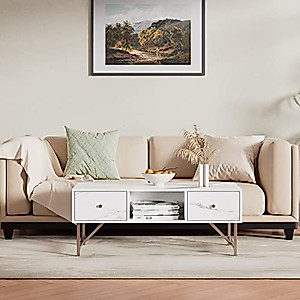 Cozy Castle Coffee Table with Drawers, 43" Mid Century Modern Coffee Table with Storage, Coffee Table with Metal Legs, Wood Small Coffee Table for Living Room, Bedroom and Office, White