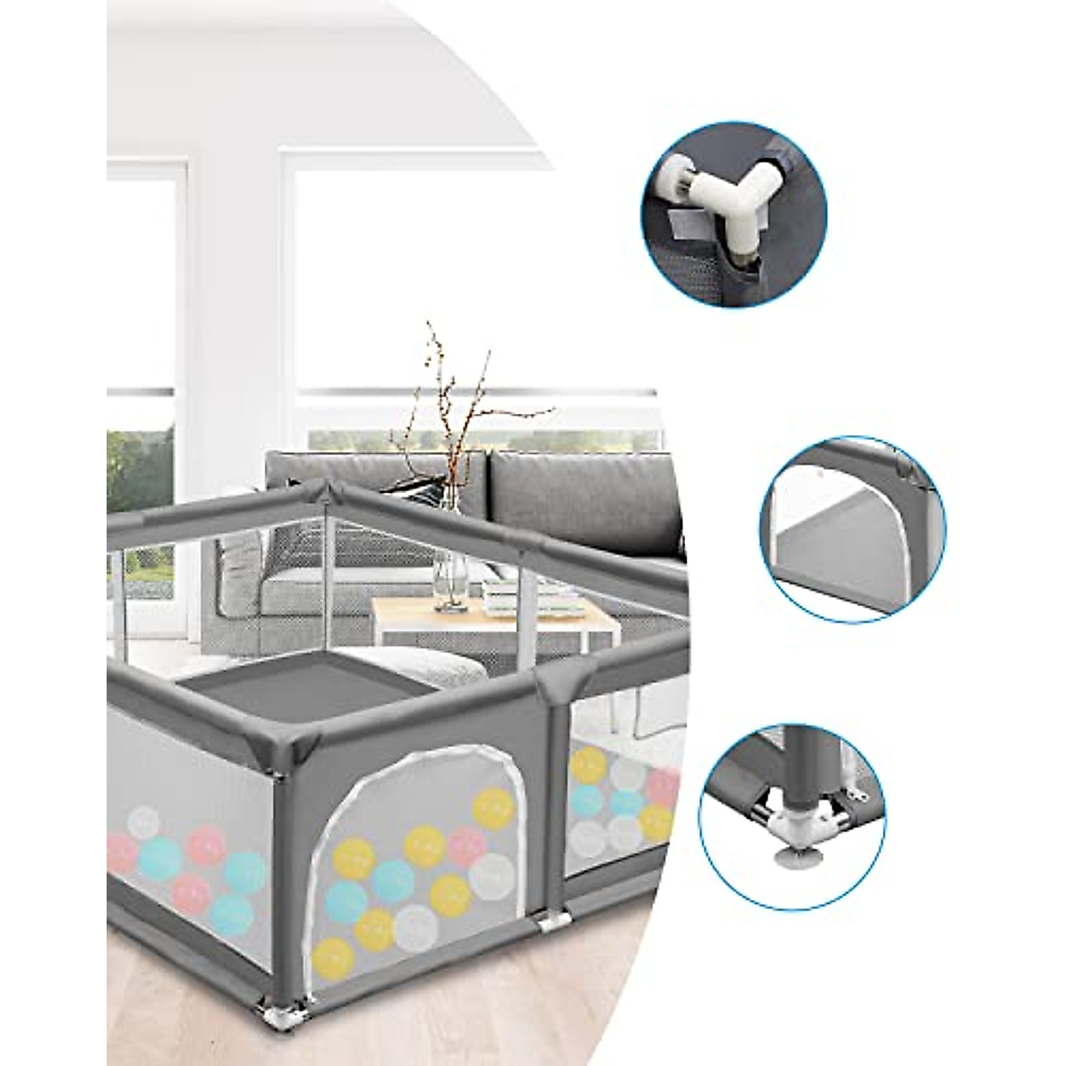 PlayPen for Babies and Toddlers-Aukivon 71"x59" Extra Large Baby Playpen with Storage Bag Baby Playard with Door, 2 Pull Rings & 50 Ocean Balls for Kids for Indoor & Outdoor, Anti-Collision, Grey