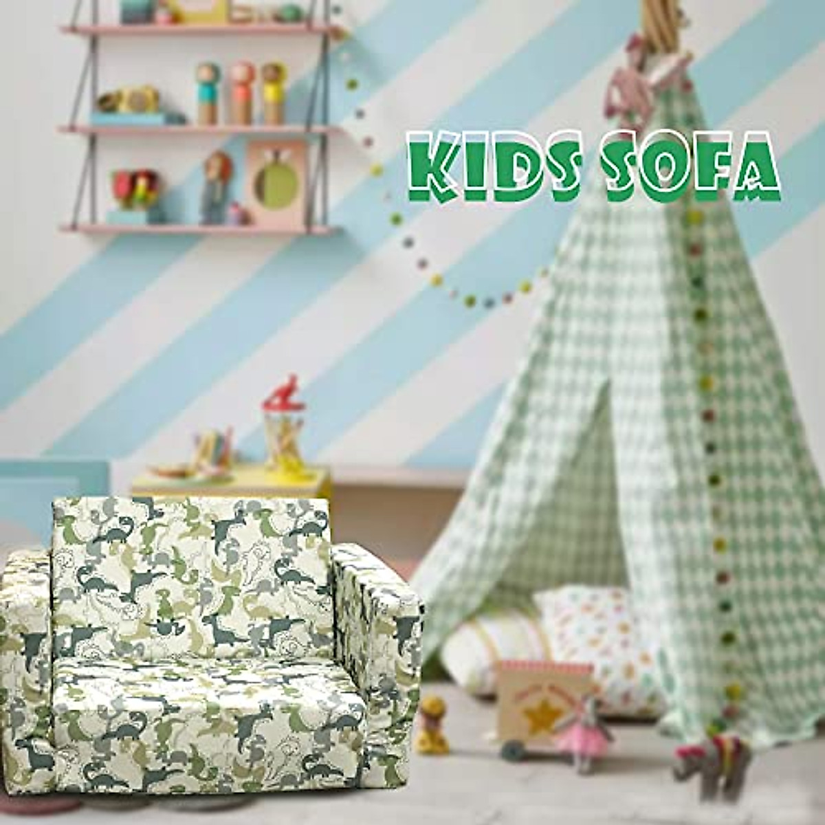 Truwelby Kids Sofa, Children's 2 in 1 Convertible Sofa to Lounger - Extra Soft Flip Open Chair & Sleeper, Cute Dinosaur Print Toddler Chair Kids Couch for Kids Girls Boys