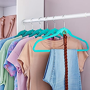 50 Pack Non Slip Velvet Clothes Hangers with Cascading Hooks Space Saving for Kids, Teens, and Adult's Shirts, Coats, Pants, Suits, and Dresses (Teal, 17.5 Inches)