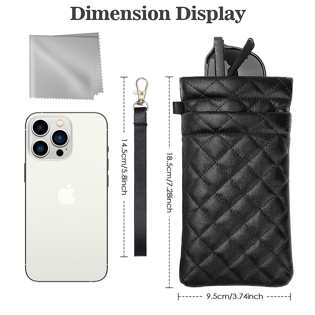 MoKo Double Eyeglasses Pouch with Carrying Strap, Soft PU Leather Large Squeeze Top Portable Sunglass Case with Cleaning Cloth for Women Men, Black