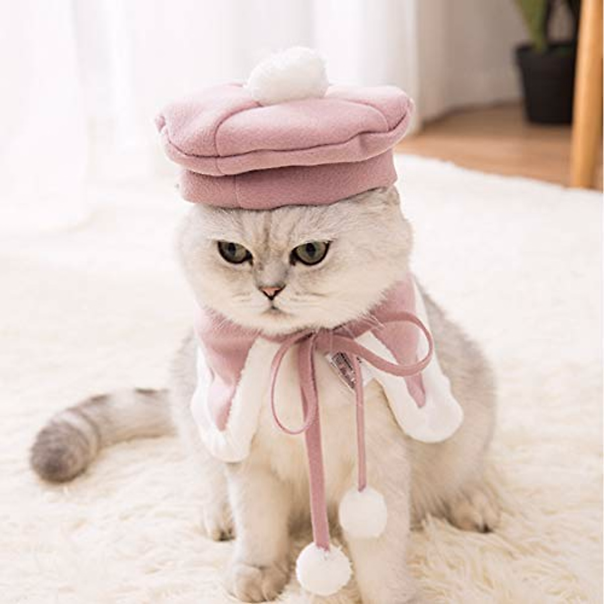 balacoo Pet Pompon Cape with Beret Creative Dog Clothes Cat Costume Pet Cape Hat for Party Festival Cosplay Cat Photo Props for Cat Kitten Dog Puppy 1 Set (M)
