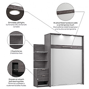 Bestar Cielo Queen Murphy Bed with Nightstand and Floating Shelves (85W) in Bark Gray and White, Sleeping Arrangement for Multipurpose Room
