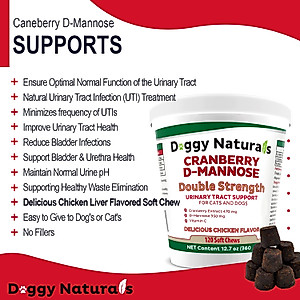 Cranberry D-Mannose for Dogs and Cats Urinary Tract Infection Support Prevents and Eliminates UTI, Bladder Infection Kidney Support, Antioxidant (Double Strength Soft Chew, 120 Soft Chew)