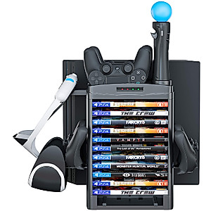 Skywin- Charging Station Compatible with PS4 VR Headset, PSVR Charging Station Stand with Game Disc Rack, Headset and Console Stand, Cooling Fan, Controller Charger and USB Hub - Multipurpose VR Stand