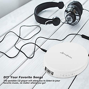 ByronStatics Portable CD Player, Personal Compact Disc Player with Anti-Skip/Anti-Shock, Headphone Jack & Large LCD Display for Car Use and Home Travel, not Rechargeable, Use AA Batteries White