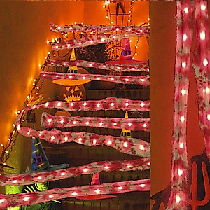 Brizled Lighted Halloween Creepy Blood Gauze Cloth, 16.4ft 50 LED Bloody Cloth Halloween String Lights, Steady ON/Twinkle Spooky Fabric Bloody Strip with Lights Haunted House Staircase Windows Decor