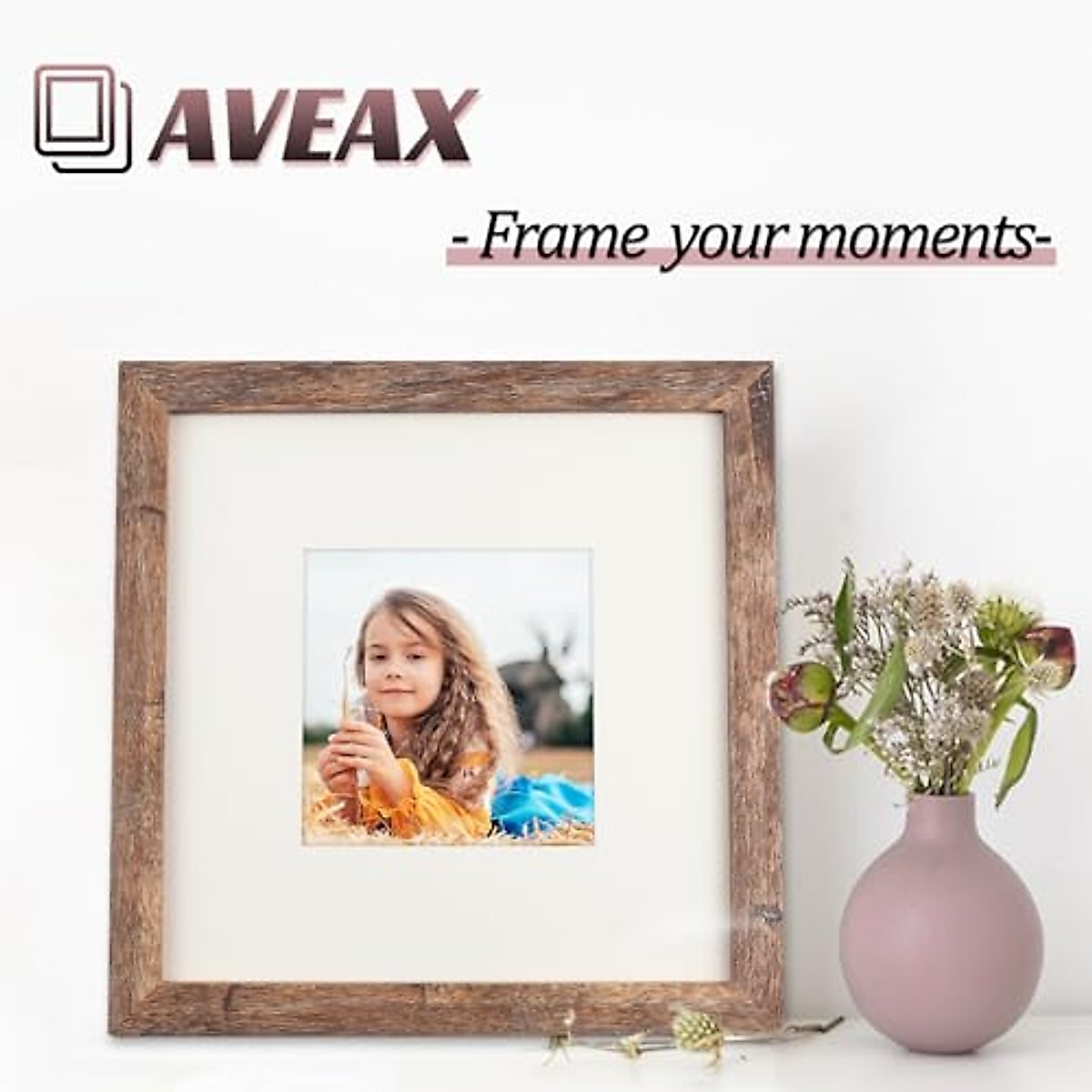 AVEAX 8x8 Picture Frames Display Pictures 4x4 with Mat or 8x8 Without Mat, Set of 4 Square Photo Frame for Wall or Tabletop Brown
