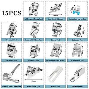 Universal 15 Piece Sewing Machine Presser Walking Feet Kit - OEM Suitable for Babylock Janome Brother New Home Singer Kenmore Simplicity Toyota Necchi