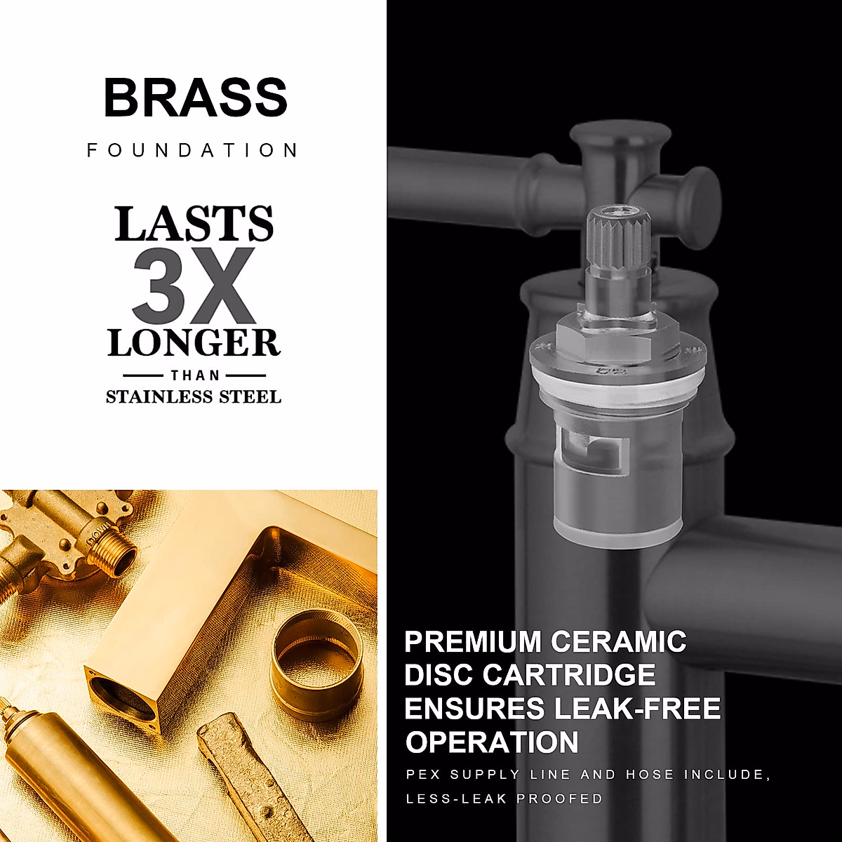 Brushed Gold Bridge Kitchen Faucet with Pull Down Sprayer, Lava Odoro Transitional Brass Kitchen Sink Faucet 3 Hole 2 Handle Spot-Resistant, Lead-Free, KF501-SG