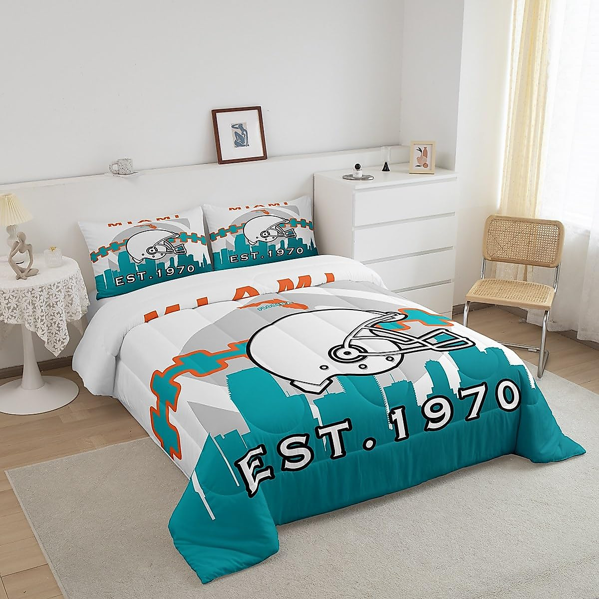 Erosebridal Sports Comforter Set Queen,Boys Football Bedding Set for Kids Boys Girls,Blue Orange Rugby Quilt Inner Fill,American Football City Down Comforter with 2 Pillowcases(Miami)