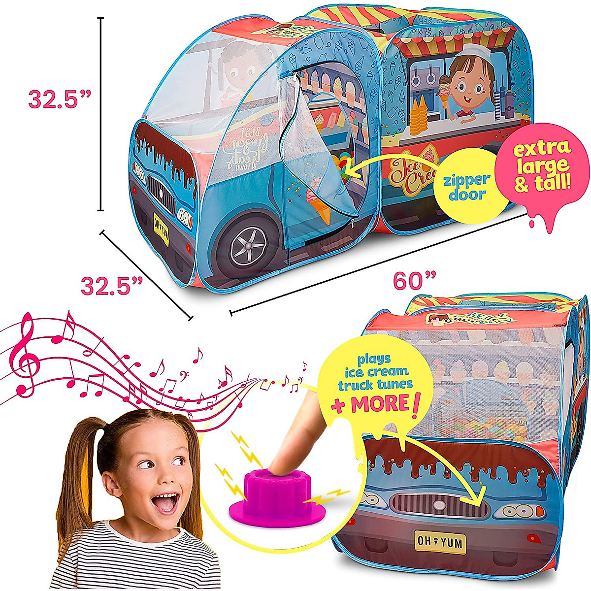 Kiddzery Ice Cream Truck Play Tent for Kids - Pretend Play Toy Food Set - Pop Up Icecream Playhouse Toys with Music Button - Birthday Gift for Girls & Boys - Indoor & Outdoor Tents for Toddlers & Baby