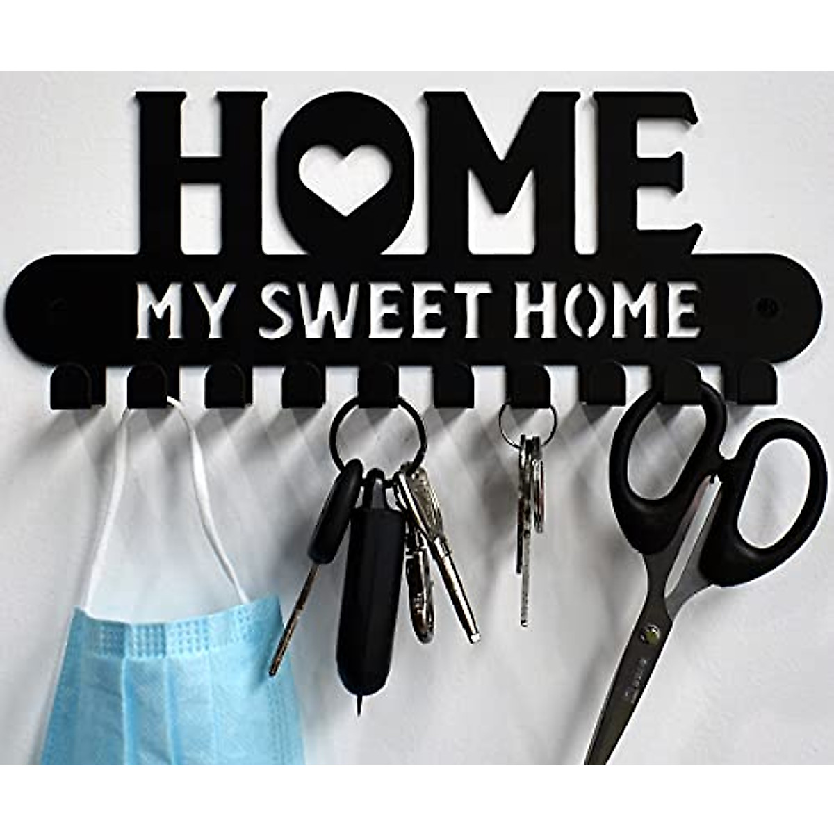 NASTURTIUM Black Metal Key Holder Hooks Sweet Home Wall Hanger Decor for Front Door Kitchen Garage Ready to Hang, 10 Hook Racks