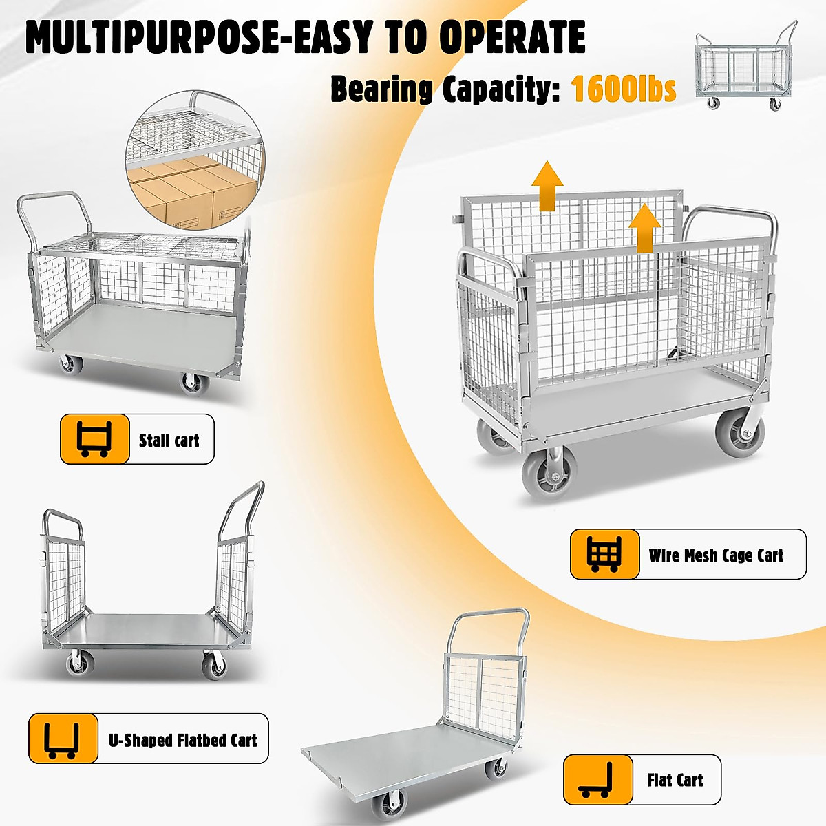 Platform Truck Cart with Cage 4-in-1 Heavy Duty Push Cart Dolly Load 1800LBS W/Swivel Casters, Multipurpose Heavy-Duty Platform Hand Truck Dolly Flatbed Cart for Grocery/Stall/Storage (39" x24")