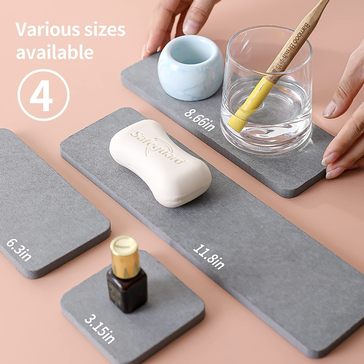 GianAbor 2 Pcs Instant Dry Sink Organizer, Non-Slip Water Absorbing Stone Tray for Sink, Rectangle Diatomite Coasters for Bathroom or Kitchen to Place Soap, Cups, Cosmetics, etc (3.15"x3.15", White)