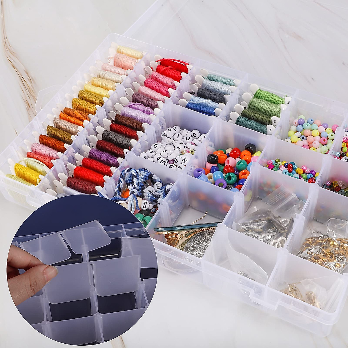 BAKHUK 4 Pack 36 Grids Clear Plastic Organizer Box Storage Container with Adjustable Divider, Tackle Box Organizer Bead Organizer Art Crafts Jewelry with 400 Label Stickers