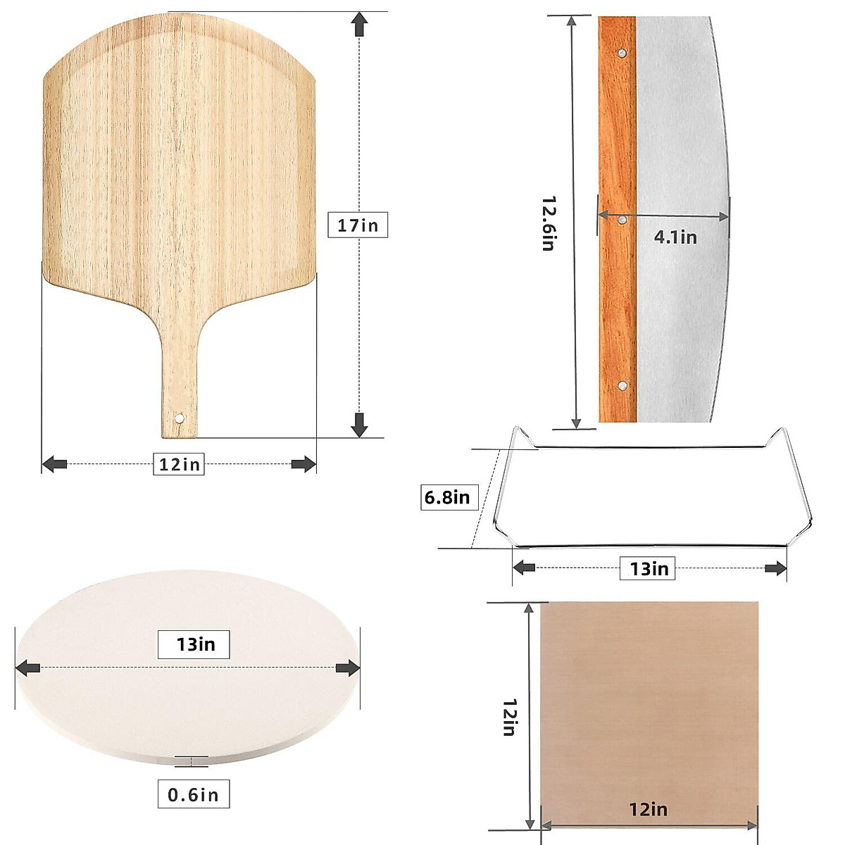 5 PCS Round Pizza Stone Set, 13" Pizza Stone for Oven and Grill with Pizza Peel(OAK),Serving Rack, Pizza Cutter & 10pcs Cooking Paper for Free, Baking Stone for Pizza, Bread