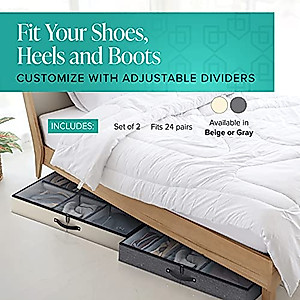 Woffit Under Bed Shoe Storage Organizer - Set of 2 Large Containers, Each Fits 12 Pairs of Shoes - Sturdy Box w/Adjustable Dividers - Underbed Shoe Storage for Kids & Adults, Beige