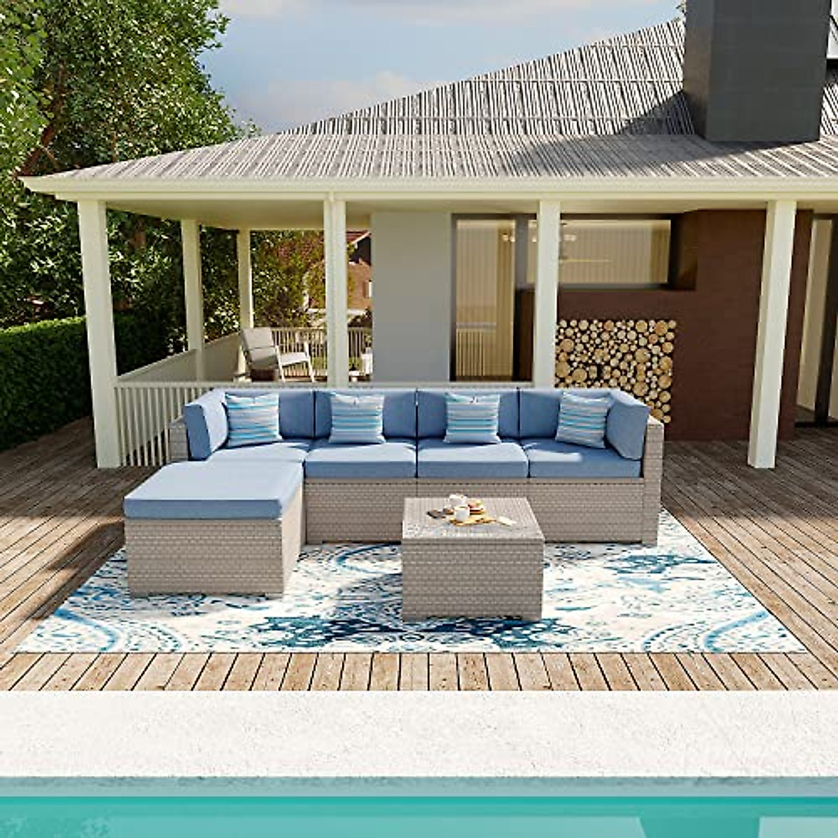 SUNBURY 6-Piece Outdoor Sectional Wicker Sofa in Blue, w 4 Pillows in Psychedelic Colors ?¡ìC Elegant Patio Furniture Chair and Table Set for Backyard Garden Pool