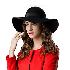 Anycosy Wool Floppy Hat for Women Wide Brim Felt Fedora Hats Cloche Bowler Cap(Black)