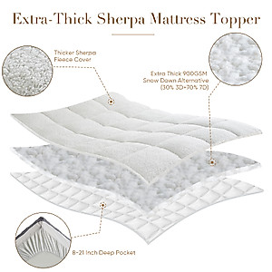 Mattress Topper Queen Size for Back Pain, Cymula Extra Thick 2 inch Sherpa Mattress Pad Bed Soft Pillow Top with 900GSM Fluffy Down Alternative Mattress Cover with 8-21" Deep Pocket, 60x80in White