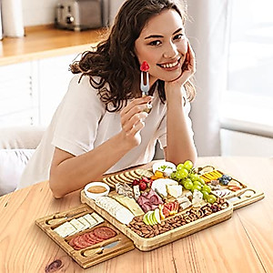 Large Charcuterie Board Set with 4x Cheese Knives, 2x Ceramic Bowls - 13x 13 Inch Bamboo Charcuterie Boards - Magnet Drawers - Bachelor Party Gift, Anniversary, Wedding Gifts for Couples - Wine It Now