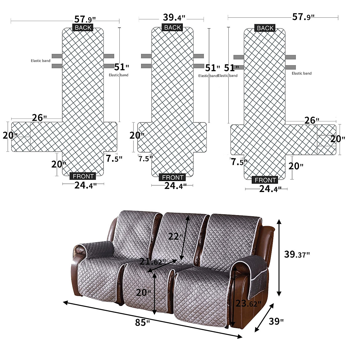 LUFEIJIASHI Non Slip Recliner Couch Covers for 3 Cushion Couch Sofa Reclining, Waterproof Recliner Sofa Covers 3 Seat, Velvet Reclining Couch Covers for Furniture Protector for Dogs Pets Dark Grey