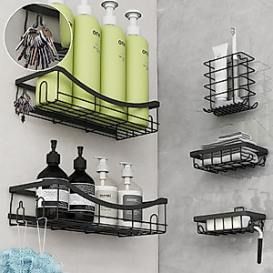 EK-Memory-fish ​Shower Organizer, Adhesive Shower Organizer Bathroom Storage Home Decor Kitchen, Non-Drilled, Large Capacity, Stainless Steel Bathroom Organizer (5 Piece Set)