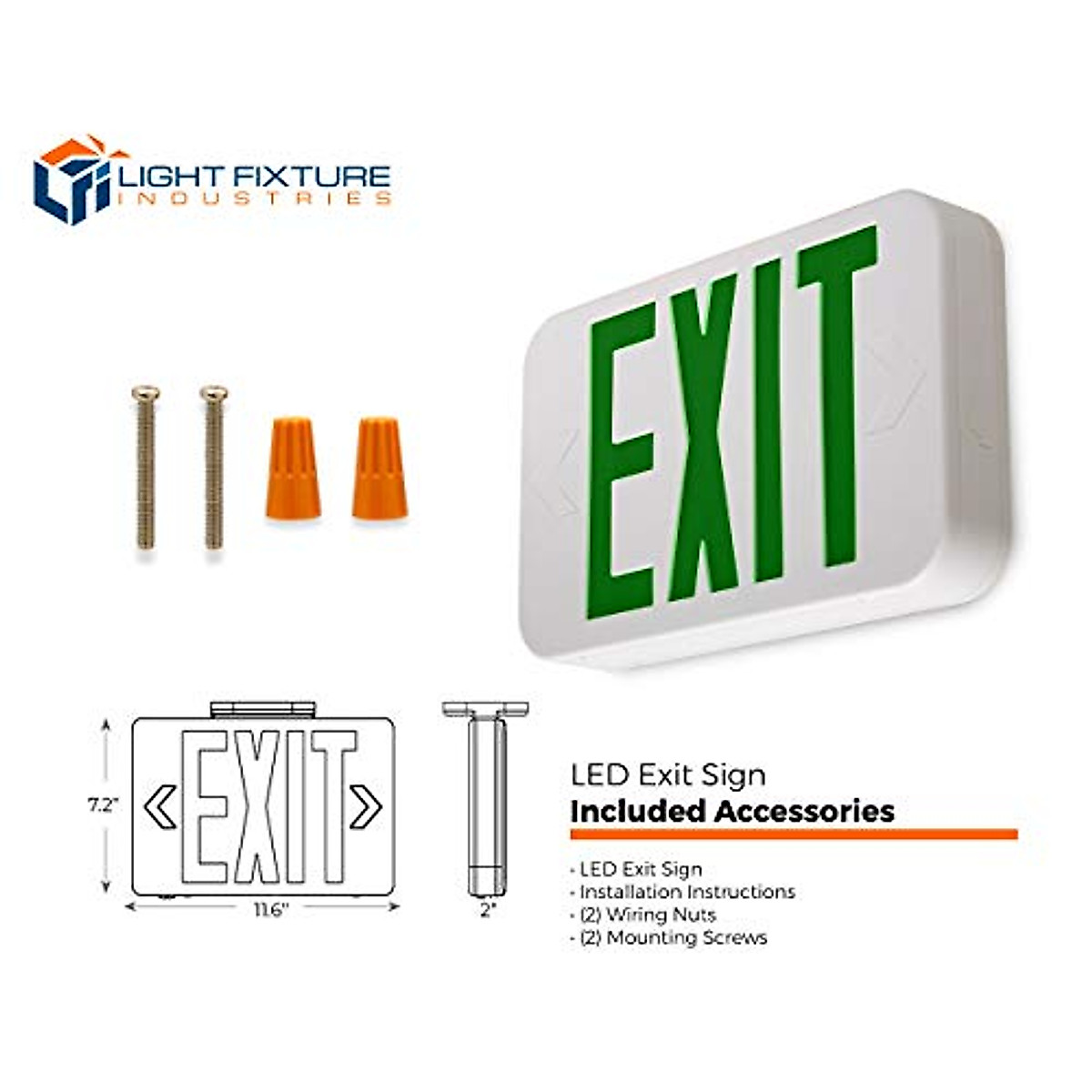 LFI Lights | Green Exit Sign | All LED | White Thermoplastic Housing | Hardwired with Battery Backup | Optional Double Face and Knock Out Arrows Included | UL Listed | (2 Pack) | LEDJR-G