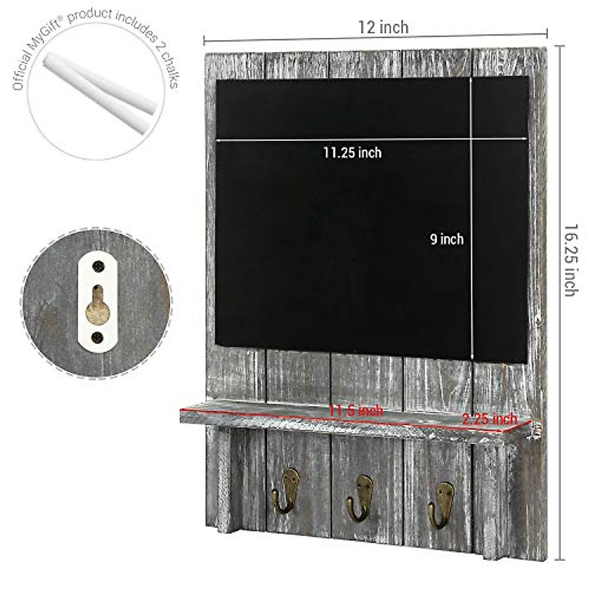 MyGift Wall Mounted Rustic Gray Wood Entryway Key Holder Organizer Rack with Chalkboard, Storage Display Shelf and 3 Hooks