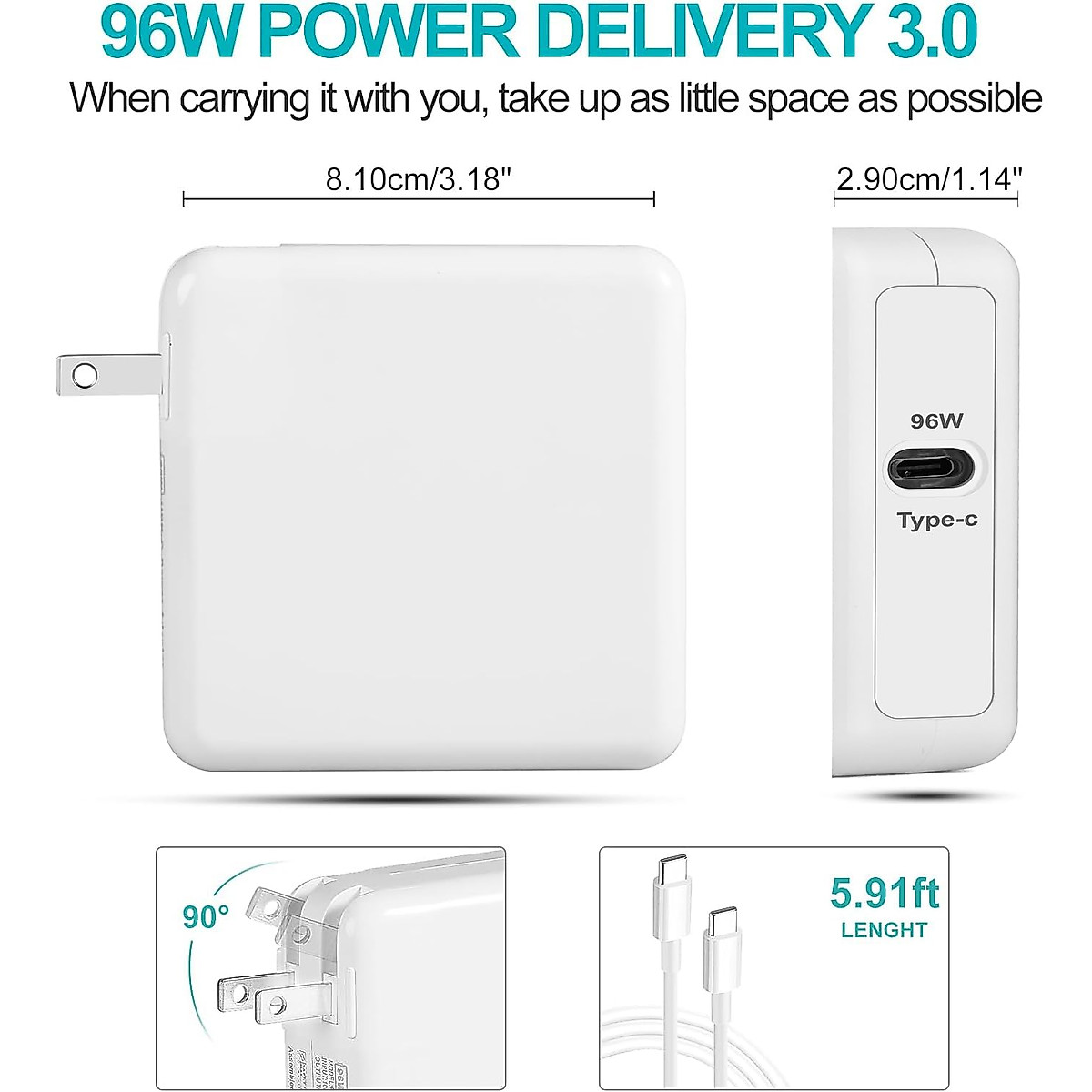 MacBook USB C Charger for MacBook Air/MacBook Pro/Mac Charger USB C Laptop Chargers, 96W Mac Book Pro Charger Block, USBC Computer Power Adapter, Included Type C Cable