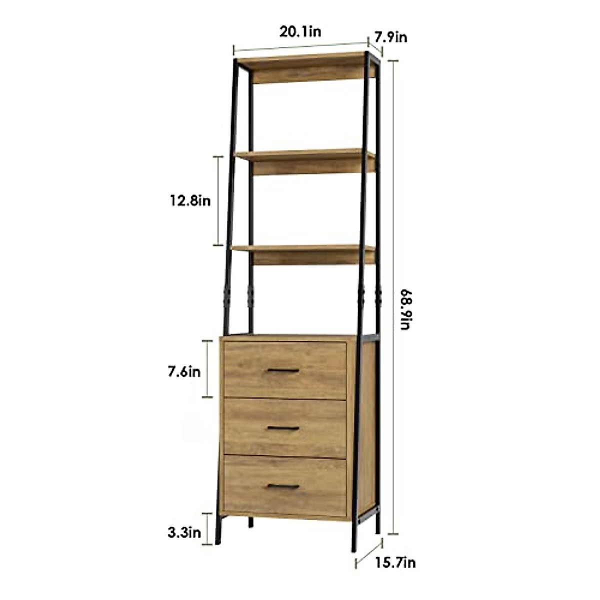 HITHOS Ladder Bookcase with 3 Fabric Drawers, 3 Tier Industrial Bookshelf, Freestanding Tall Nightstand Organizer Unit for Living Room, Bedroom, Office, Rustic Brown