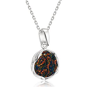 925 Sterling Silver Black Opal Vintage Style Round Pendant; Lab Created October Birthstone; Dainty Black Stone Pendant; Handmade Antique Style Black Opal Necklace For Women