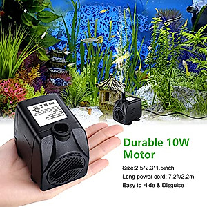 YDDHHB Submersible Pump, 130GPH(10W 500L/H) Fountain Water Pump, Compact Fountain Pump with 6.5ft Power Cord, 3 Nozzles for Fish Tank, Pond, Aquarium, Hydroponics (130GPH)